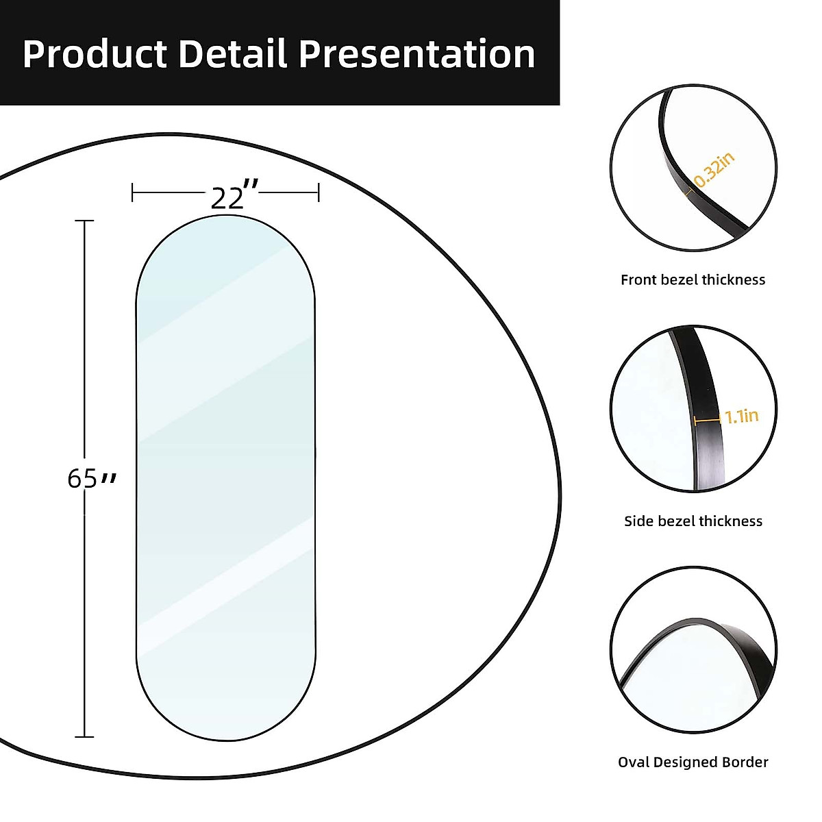 ZHUNFA 65"x 22" Oval Full Length Wall Mirror, Arched Top, Black