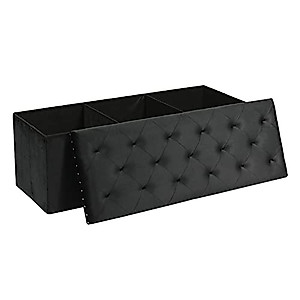 PINPLUS Black Storage Ottoman Bench with Benches Foot Rest Stool, Large Long Folding Velvet Toy Shoes Chest for Bedroom, Living Room, 43.3"x15.7"x15.7"