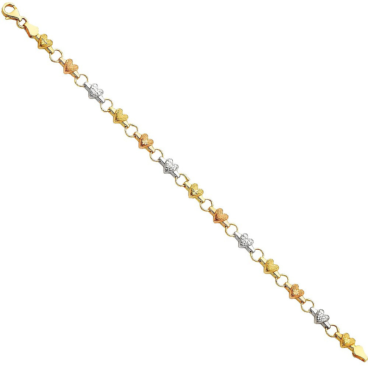 14k REAL Tri Color Gold Diamond Cut Stampato Heart Bracelet with Lobster Claw Clasp - 7.25"