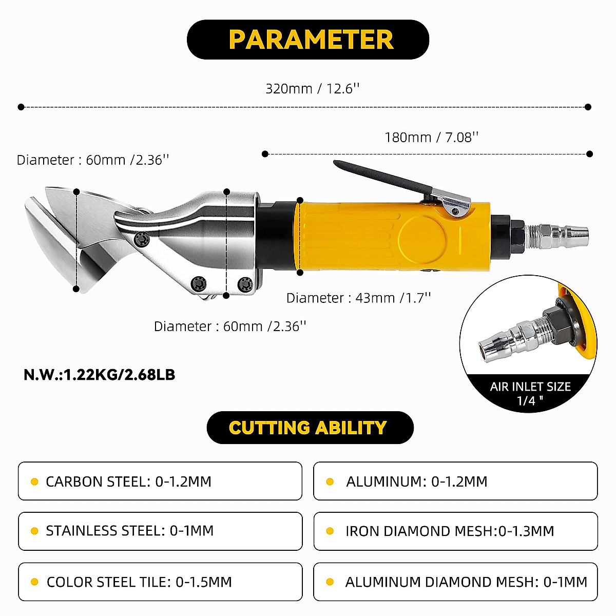 NEWTRY Pneumatic Scissors, Air Industrial Shears, Heavy Duty Metal Cutter Cutting Tool, for Metal Sheet Diamond Mesh Iron Stainless Steel Plate (upgrade B Larger Cutter Head)
