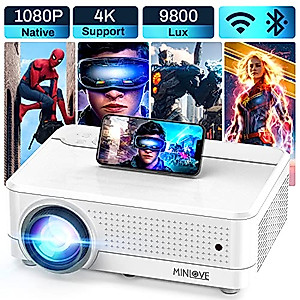 Native 1080p WiFi Bluetooth Projector, 4K Supported 450" Display 9800L, MINLOVE High Brightness Full HD Movie Projector for Business Ceiling Home Theater, for iOS/Android/TV Stick/DVD/PC/PS5/HDMI/USB