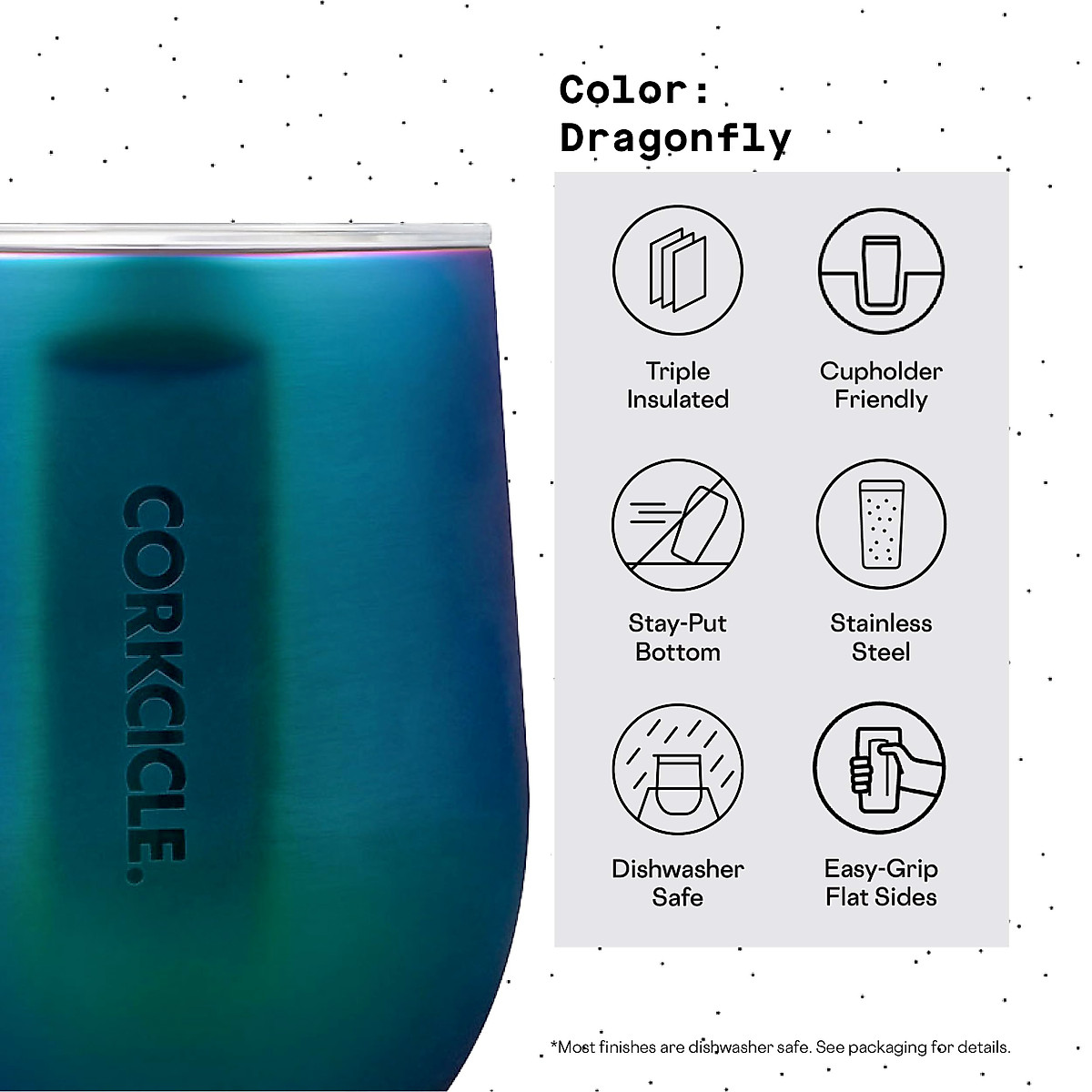 Corkcicle Stemless Insulated Wine Glass Tumbler, Dragonfly, 12 oz – Stainless Steel Stemless Wine Glass Keeps Beverages Cold for 6 Hrs, Hot for 3 Hrs