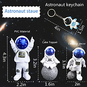 4 PCS Astronaut Figurine, Blue Astronaut Figure Toy Desktop Ornaments Resin Outer Space Birthday Cupcake Spaceman for Kids Party Funny Gift, 3PCS Astronaut and 1PCS Keychain, Desk Decor, Shelf Decor