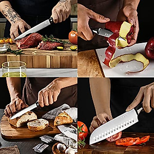 EUNA Chef Knife Set, 5 Pieces Ultra Sharp Kitchen Knife Set High Carbon Stainless Steel Cooking Knives Set with PP Ergonomic Handle, Sheaths and Gift Box (Grey)