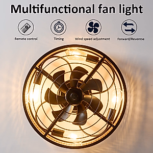 zheshirui Rattan Boho Ceiling Fan with Light Flush Mount, 20 Inch Caged Ceiling Fans with Light and Remote Control, Low Profile Enclosed 6 Speeds for Bedroom Kitchen Living Room