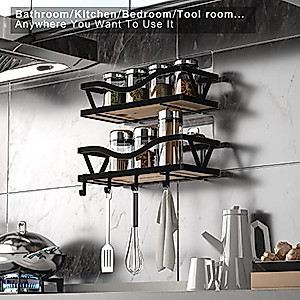 Shower Caddy Organizer, Natural Bamboo Shower Shelves with 4 Hooks, No Drilling Rustproof Stainless Steel Shower Organizer for Inside Shower & kitchen organization and storage, Matte Black, Set of 2