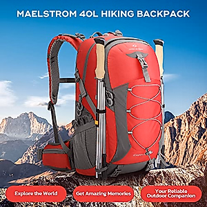 Maelstrom Hiking Backpack,Camping Backpack,40L Waterproof Hiking Daypack with Rain Cover,Lightweight Travel Backpack,Red
