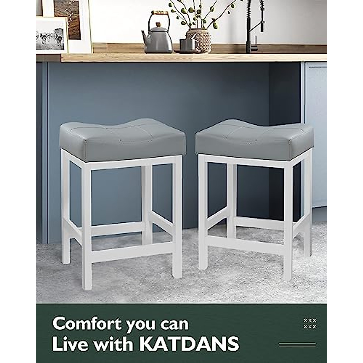 KATDANS Bar Stool, Counter Height Stool 24 Inch Saddle Stool, PU Leather Modern Kitchen Barstool with Metal Base, KS861P-LG, 1Pc