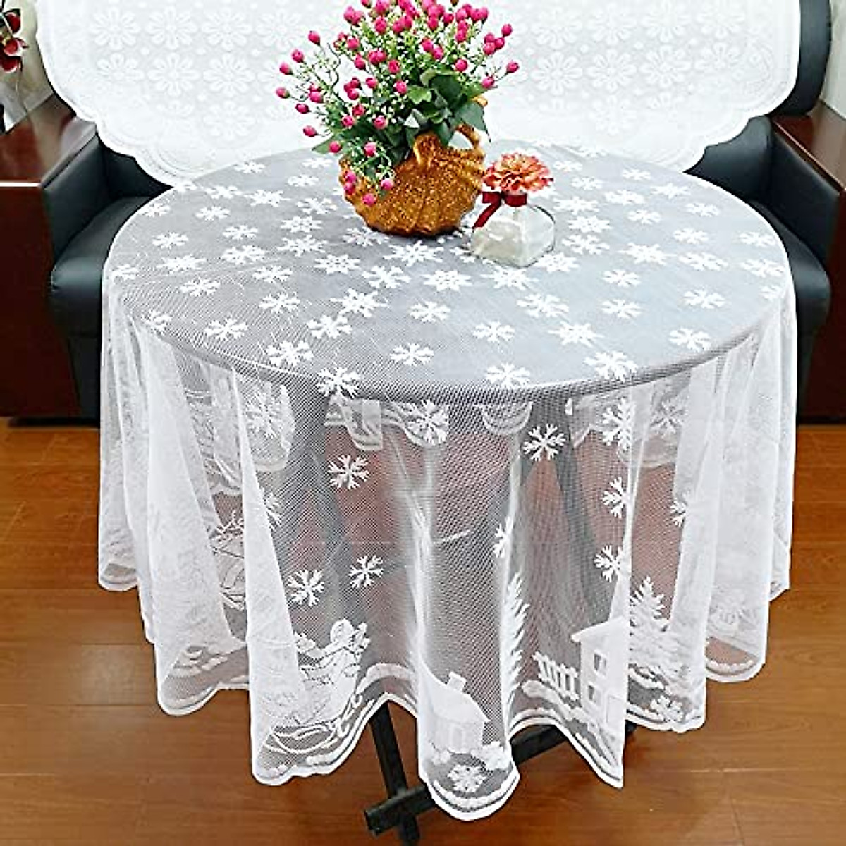 Pleaseedo 𝐗𝐌𝐀𝐗 𝐆𝐈𝐅𝐓 Christmas Lace Tablecloth, Round Lace Tablecloth for Round Table 70 Inch, White Snowflake Christmas Lace Table Cover, Round Tablecloths for Holiday Party Decoration