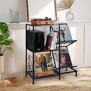 Record Player Stand, Record Player Table with Vinyl Record Storage, Turntable Stand with 2-Tier Vinyl Display Shelf & Metal Frame, Vinyl Record Holder for Living Room, Rustic Brown