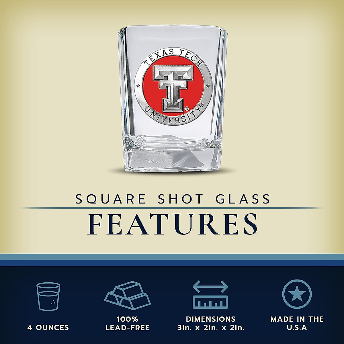 Heritage Pewter Texas Tech Square Shot Glass | Hand-Sculpted 1.5 Ounce Shot Glass | Intricately Crafted Metal Pewter Alma Mater Inlay