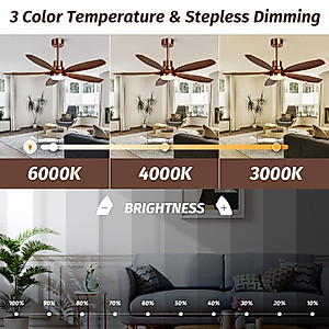 KAPOEFAN 60" Ceiling Fan with Light and Remote,Reversible DC Motor,6Speed,Modern Natural Wood Ceiling Fan with Dimmable LED for Outdoor Patios Bedroom Living Room,Black Walnut and Red Brass