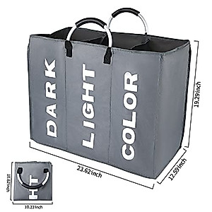 Laundry Hamper 3 Section with 3 Mesh Laundry Bags Divided Laundry Basket with Handles Collapsible Organizer Waterproof Oxford Dirty Clothes Storage for Bedroom, Laundry Room Dark Grey