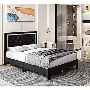 Queen Bed Frame, Diamond Tufted Upholstered Platform Bed Frame with Adjustable Headboard, Mattress Foundation with Wooden Slat Support, No Box Spring Needed, Easy Assembly (Queen, Black)