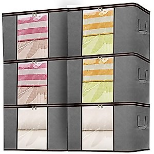 60L clothing organizer clothes storage container closet organizer storage bags for clothes under bed storage bin organizer for closet,shelves, basement （6 pack, grey)