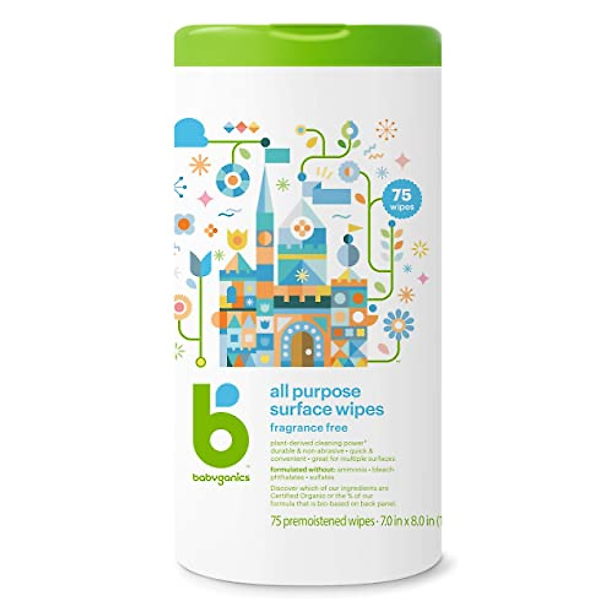 Babyganics All Purpose Surface Wipes, Fragrance Free, 75 Count (Pack of 2), Plant Based and Non-Abrasive, No Ammonia, No Bleach