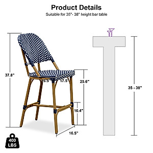 PURPLE LEAF French Country Outdoor Counter Height Bar Stools Set of 2 Patio Wicker 26 Inch High Bar Stool Chairs Metal Rattan Barstools with Ergonomic Backs for Garden Indoor Kitchen Island, Navy Blue