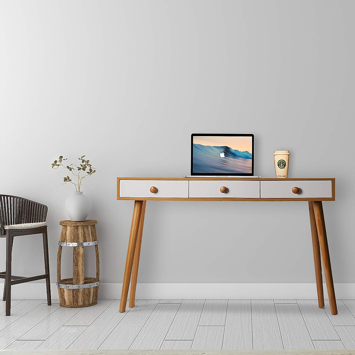 CERBIOR Writing Computer Desk, Laptop Notebook PC Workstation with 3 Drawers, Modern Simple Study Makeup Vanity Table Modern Furniture for Home Office, Burlywood