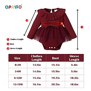 OPAWO Newborn Baby Girl Bodysuits Long Sleeve Ribbed Romper Onsies with Tulle Skirt Infant Baby Girl Dresses 0-18 Months(Red, 3-6 Months)