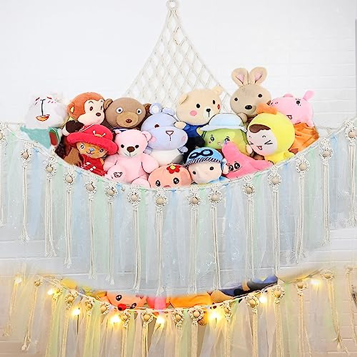 GSZTTKX Stuffed Animal Hammock,Macrame Large Toy Net Hanging for Stuffed Animals Storage Organizer Wall Corner,Boho Plush Stuffed Animal Holder Children Room Nursery Decor (with Light,Beads,White)