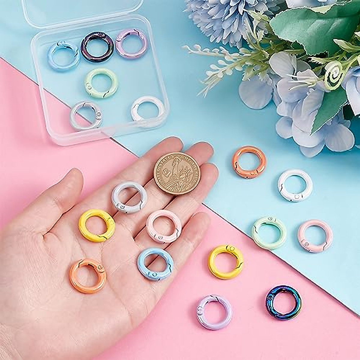 PH PandaHall Spring O Rings, 18pcs 9 Colors 20mm Trigger Round Snap Buckle Dazzling Alloy Spring Keyring Buckle Snap Hooks Connector Rings O Rings Buckles for DIY Keychains Bag Purse Handbag Jewelry