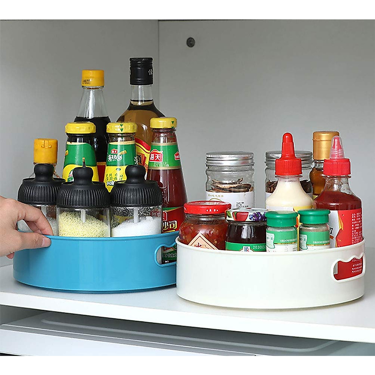 Goeielewe Plastic Lazy Susan Organizer Turntable Round 9-Inch Rotating Storage Organizer Tray with Handles for Kitchen Cabinets, Pantry, Countertops, Bathroom Vanity (Beige)