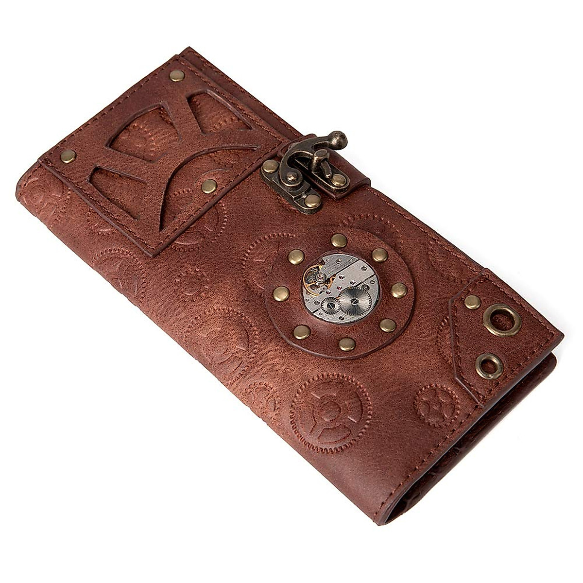 Valentoria Handmade Vintage Steampunk Gear Womens RFID Blocking Long Wallet Genuine Leather Card Holder Purse Handbag Clutch Cell Phone Purse Bag Holster Gift for Women Men (C)