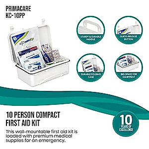 Primacare KC-10PP 10 Person Compact First Aid Kit, 8"x5"x3", with 102 Pieces Emergency Medical Supplies, Portable Kits for Home, School and Office, Wall Mount, White