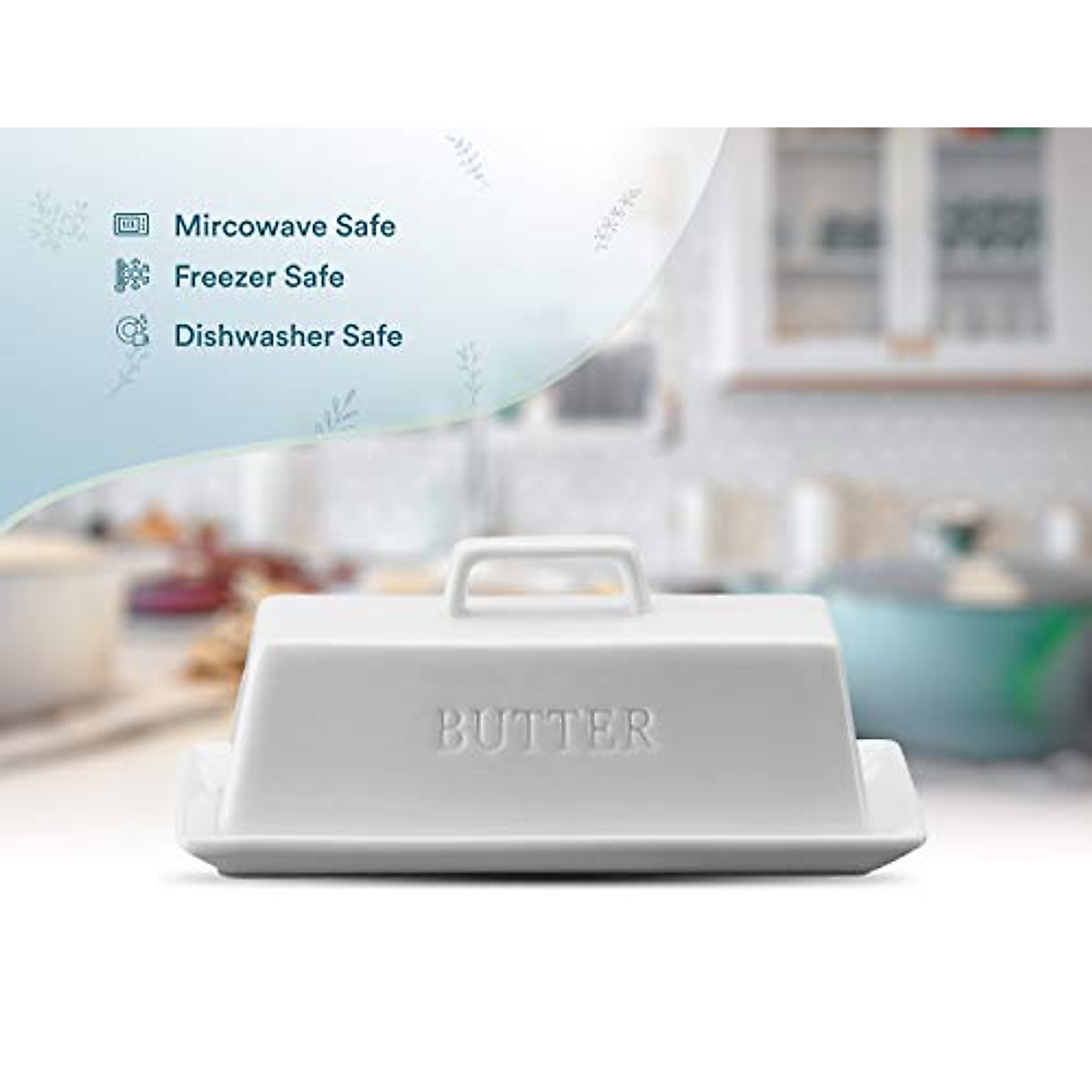 Kook Ceramic Butter Dish with Lid, Kitchen Countertop Butter Keeper, Serving Tray with Cover, Storage Container, Holds 1 Stick, Microwave and Dishwasher Safe, White