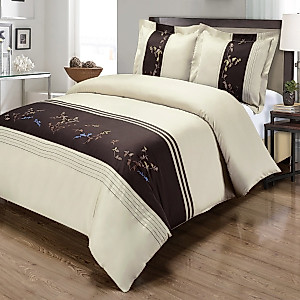 sheetsnthings 3 Piece Celeste Duvet Cover Set, 100% Cotton -Beige & Chocolate King/California King- Embroidered Duvet Covers