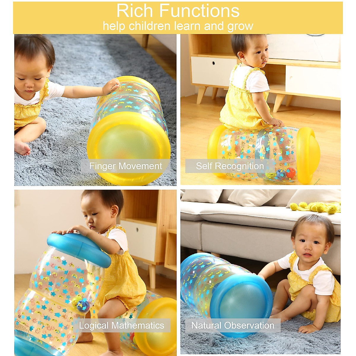 Baby Crawling Toys for Children, Fitness Toy, Infant Beginner Inflatable Roller Toys for 0-24 Months Newborn Boys Girls, Exercise Your Baby's Muscles and Coordination, Yellow