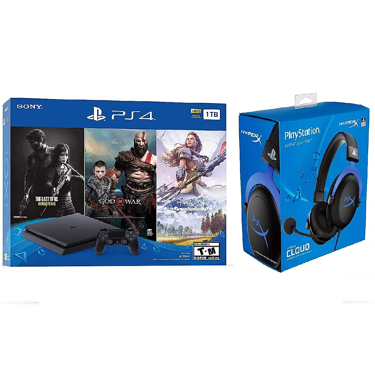 PlayStation 4 Slim 1TB Console + HyperX Cloud Licensed Gaming Noise Cancelling Headset Headphones + 3 Games (God of War, The Last of US, Horizon Zero Dawn) Bundle