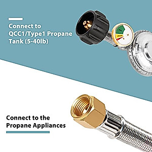 SHINESTAR 5FT Propane Regulator and Hose with Gauge, Fit for Propane Patio Heater, Fire Pit, Weber Grill and More, Stainless Braided