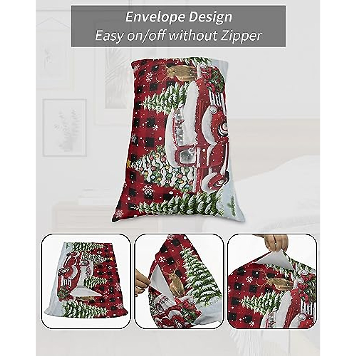 Edwiinsa Snowy Red Truck Pillow Covers Standard Size Set of 2 Bed Pillow, Plush Soft Comfort for Hair/Skin Cooling Pillowcases with Envelop Closure 20x26 Inches Christmas Tree Deer Buffalo Plaid