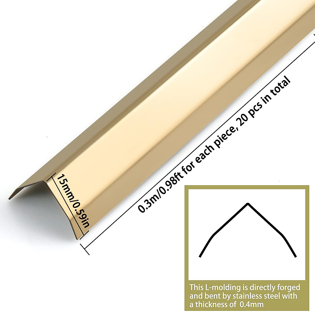 Trimold L Molding Stainless Steel Corner Guards with 90° Angle for Wall Cabinet Baseboard Protection and Decoration, 0.98ft x 0.59in (20pcs)