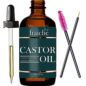 Organic Castor Oil (2oz) + FREE Lash Serum Mascara Starter Kit - USDA Approved Pure Cold Pressed Hexane Free Natural Hair Growth Oil - Live Fraiche Eyebrow Growth Serum & Oil Treatment For Hair