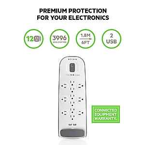 Belkin 8-Outlet Home and Office Surge Protector, 12ft Cord, Black & USB Power Strip Surge Protector - 12 AC Multiple Outlets & 2 USB Ports - 6 ft Long Flat Plug Extension Cord White (3,996 Joules)