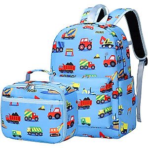 AUIVTY Preschool Backpack for Boys, Kids Backpack with Lunch Box Construction Backpack for Preschool Kindergarten Daycare and Travel, Car School Bookbag with Chest Buckle (Construction-Light Blue)