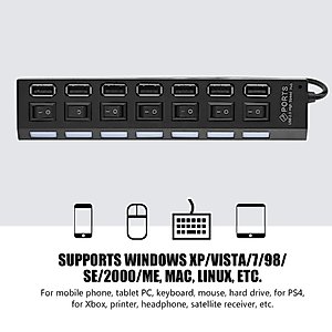 7 Port USB Hub,480Mbps No Conflict Plug & Play USB 2.0 Charger Hub with 7 Independent Switches and Multi-Level for Mobile Phone, Tablet PC, Keyboard, Mouse, Hard Drive, etc