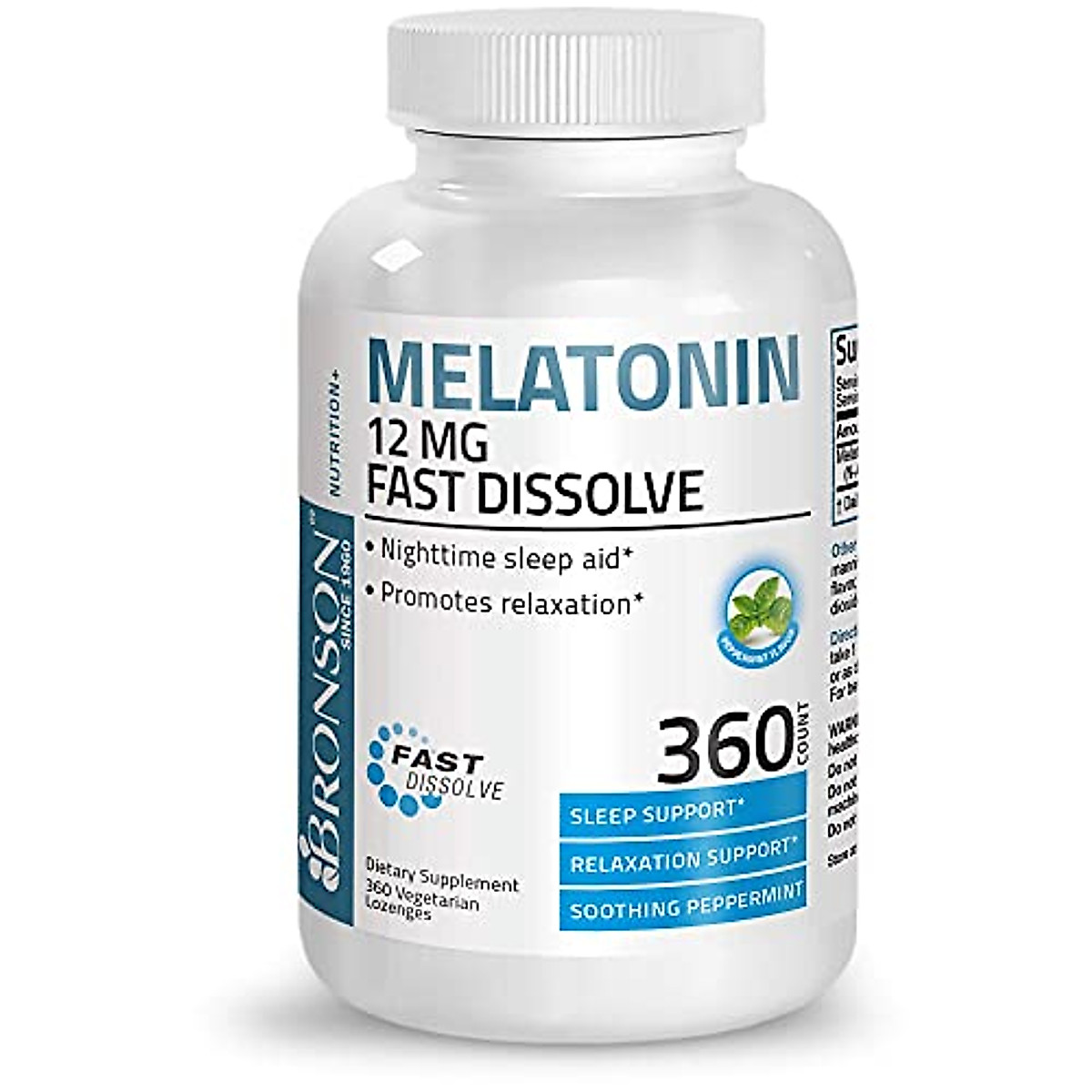 Bronson Melatonin 12mg Fast Dissolve Nighttime Sleep Aid Support & Relaxation Support, 360 Peppermint Vegetarian Lozenges