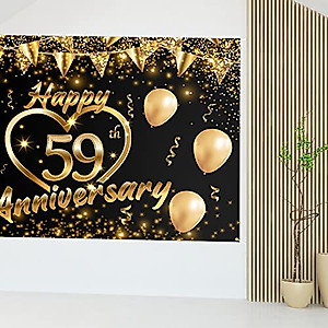 Happy 59th Anniversary Backdrop Banner Decor Black Gold – Glitter Love Heart Happy 59 Years Wedding Anniversary Party Theme Decorations for Women Men Supplies, 3.9 x 5.9 ft