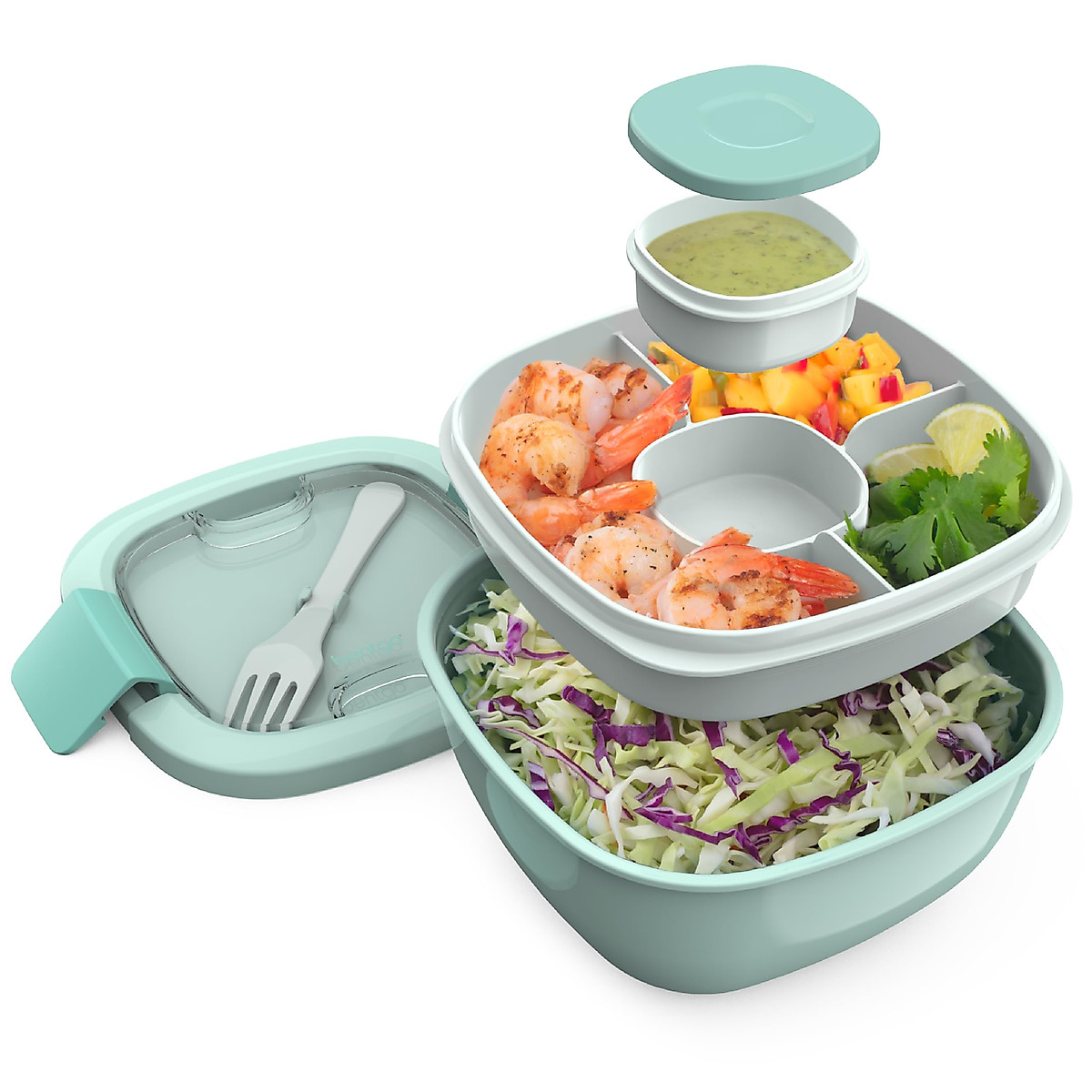 Bentgo Salad Container - 54 oz Bowl with 4-Compartment Toppings Tray, Leak-Proof Dressing Container, Reusable Fork, BPA-Free Lunch Box for Meal Prep & Food Storage; Removable Bento Tray (Coastal Aqua)