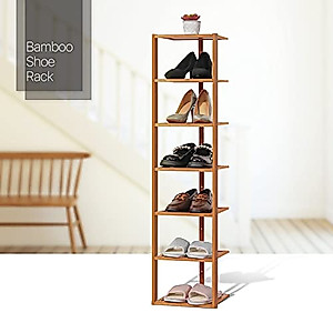 MoNiBloom Bamboo Narrow Shoe Rack Storage Space Saving Single Pairs Shoe Organizer for Small Spaces Corner Bedroom Hallway Entryway Balcony Patio (7 Shelves, Brown)