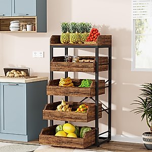 Tribesigns Wood Fruit and Vegetable Storage Rack, 5-Tier Pull-Out Snack Stand Fruit Basket Stand, Utility Shelf Organizer for Kitchen, Living Room, Bedroom, Rustic Brown