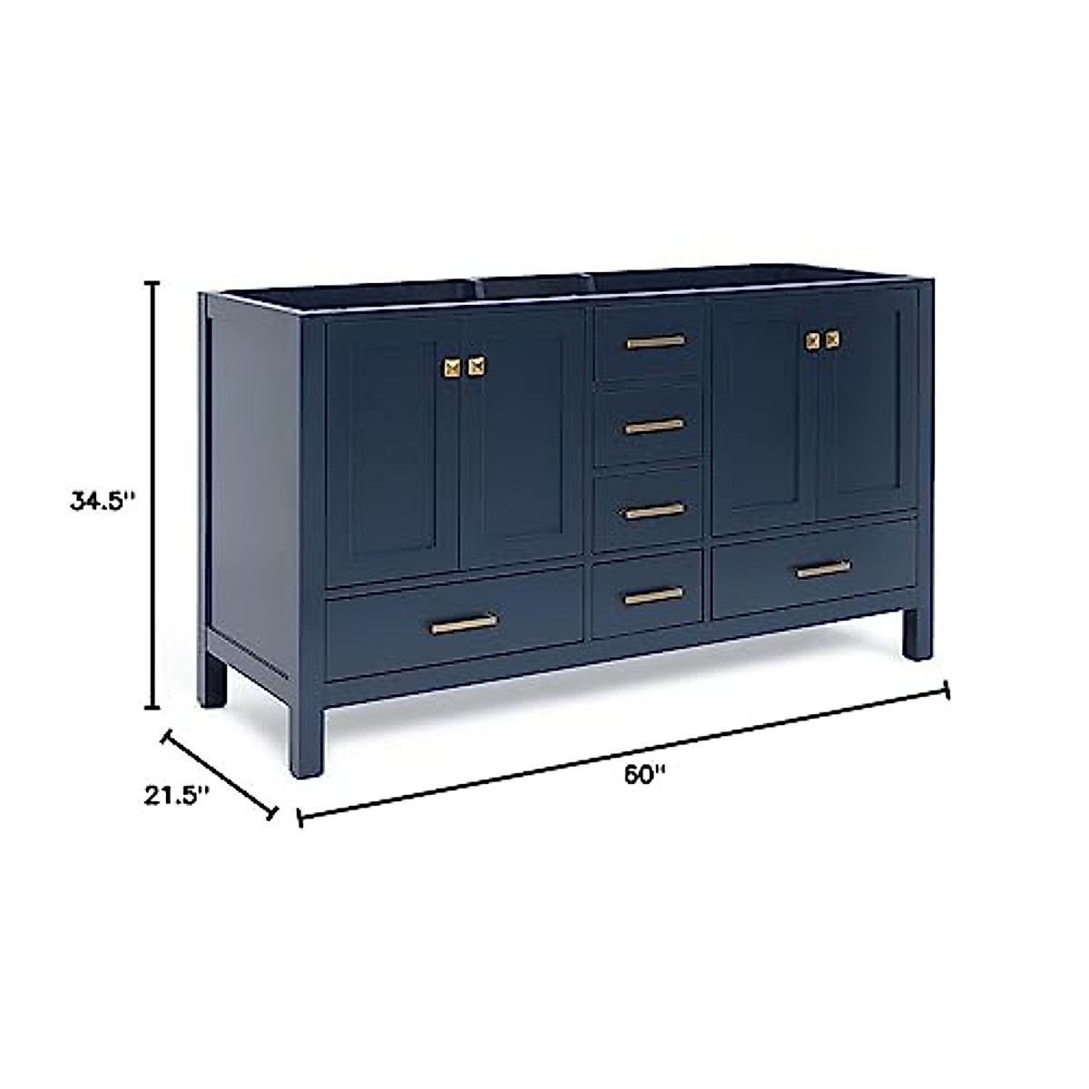 DKB Beckford Double Bathroom Vanity Base Cabinet 60" Midnight Blue, Double Sink Configuration, 4 Soft Closing Doors, 6 Full Extension Dovetail Drawers, Brushed Nickel