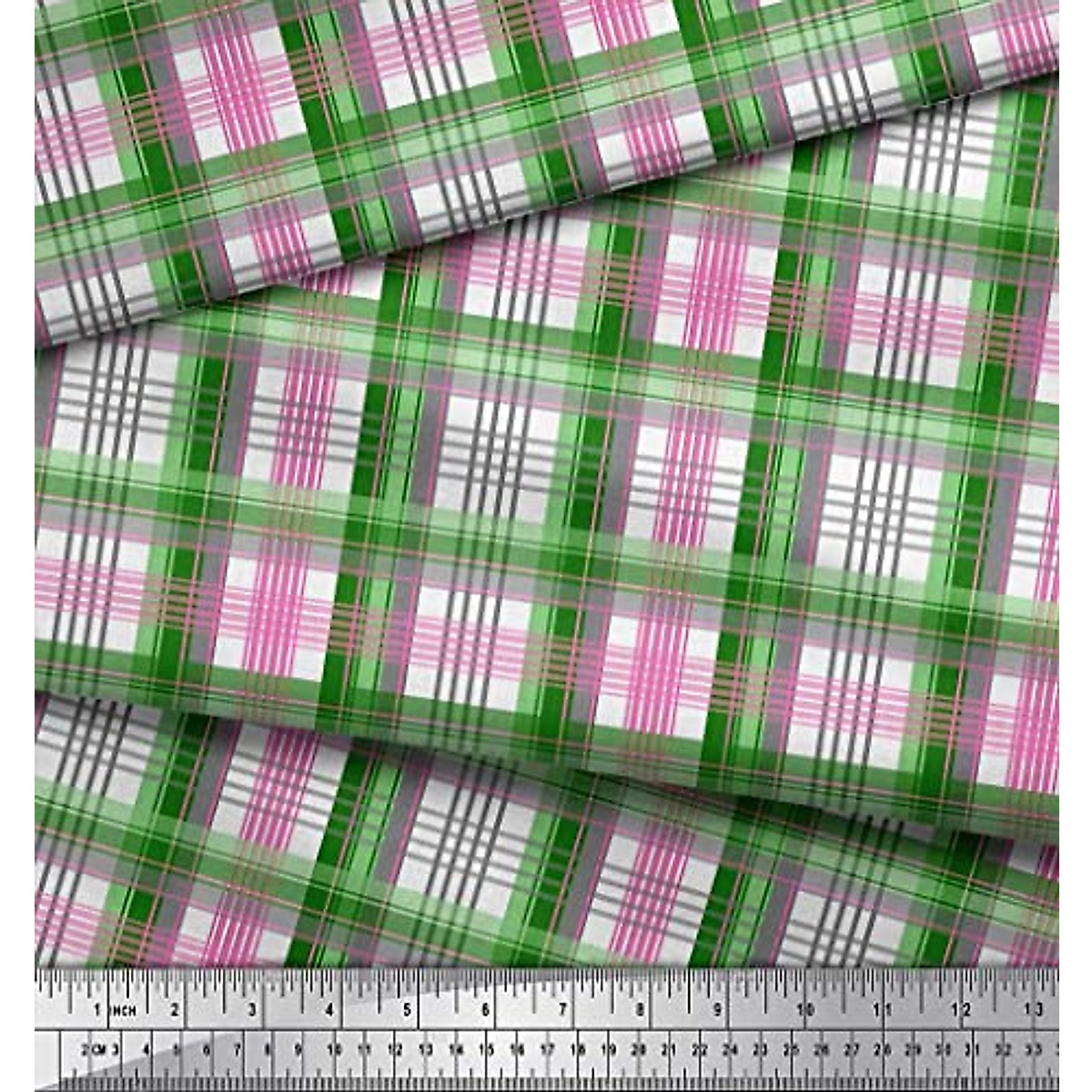 Soimoi Green Cotton Canvas Fabric Gingham Check Print Fabric by Yard 56 Inch Wide