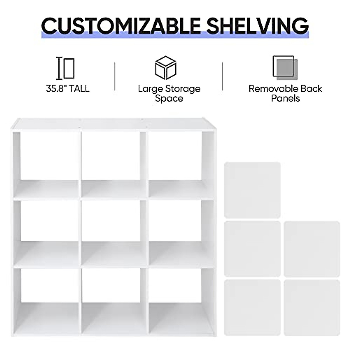 ZenStyle 9 Cube Storage Shelf Organizer, Wooden Bookshelf System Display Cube Shelves Compartments, Customizable W/ 5 Removable Back Panels (White)