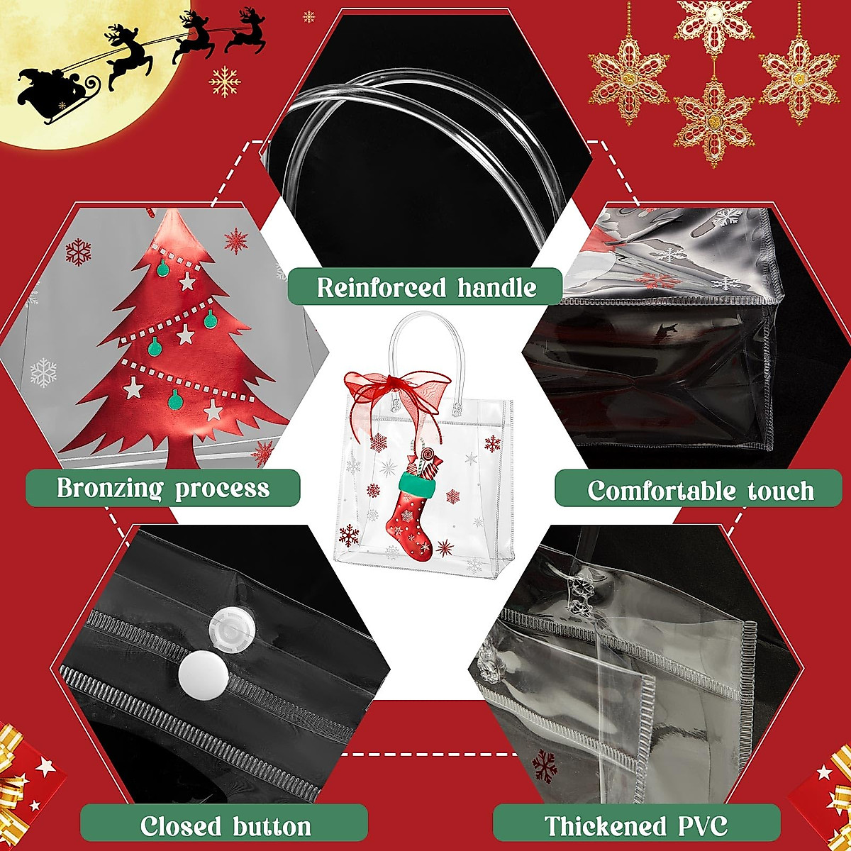 Henoyso 24 Pcs Christmas Clear Gift Bags with Handles Plastic Xmas Candy Treat Bags with Ribbon 7.8 x 7.8 x 3.1 PVC Gift Wrap Totes for Retail Wedding Birthday Party Favors(Red)