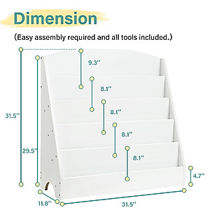 TOETOL 5-Tier Kids Bookshelf - Toddler Book Display Shelves for Classrooms, Playrooms, and Nursery - Wooden Children Book Rack (White)