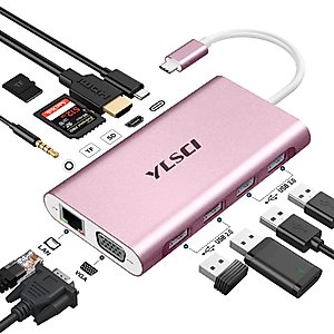 YLSCI USB C HUB, 11 in 1 Docking Station USB C Adapter, 2 x USB 2.0, 2 x USB 3.0, USB C, HDMI, VGA, RJ45, SD/TF Karteleser und Audio, rosa Gold